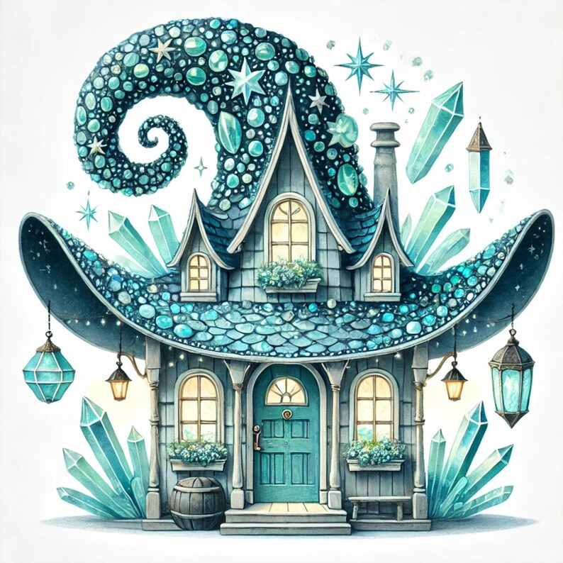 Witch Crystal, Crystal Cottage, Gemstone Clipart, Magical House Art ...
