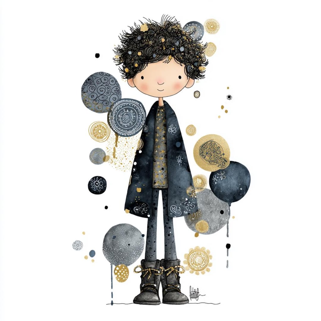 Whimsical Boy Art, Cute Kids Clipart, Mixed Media Boy, Nature Child Art ...