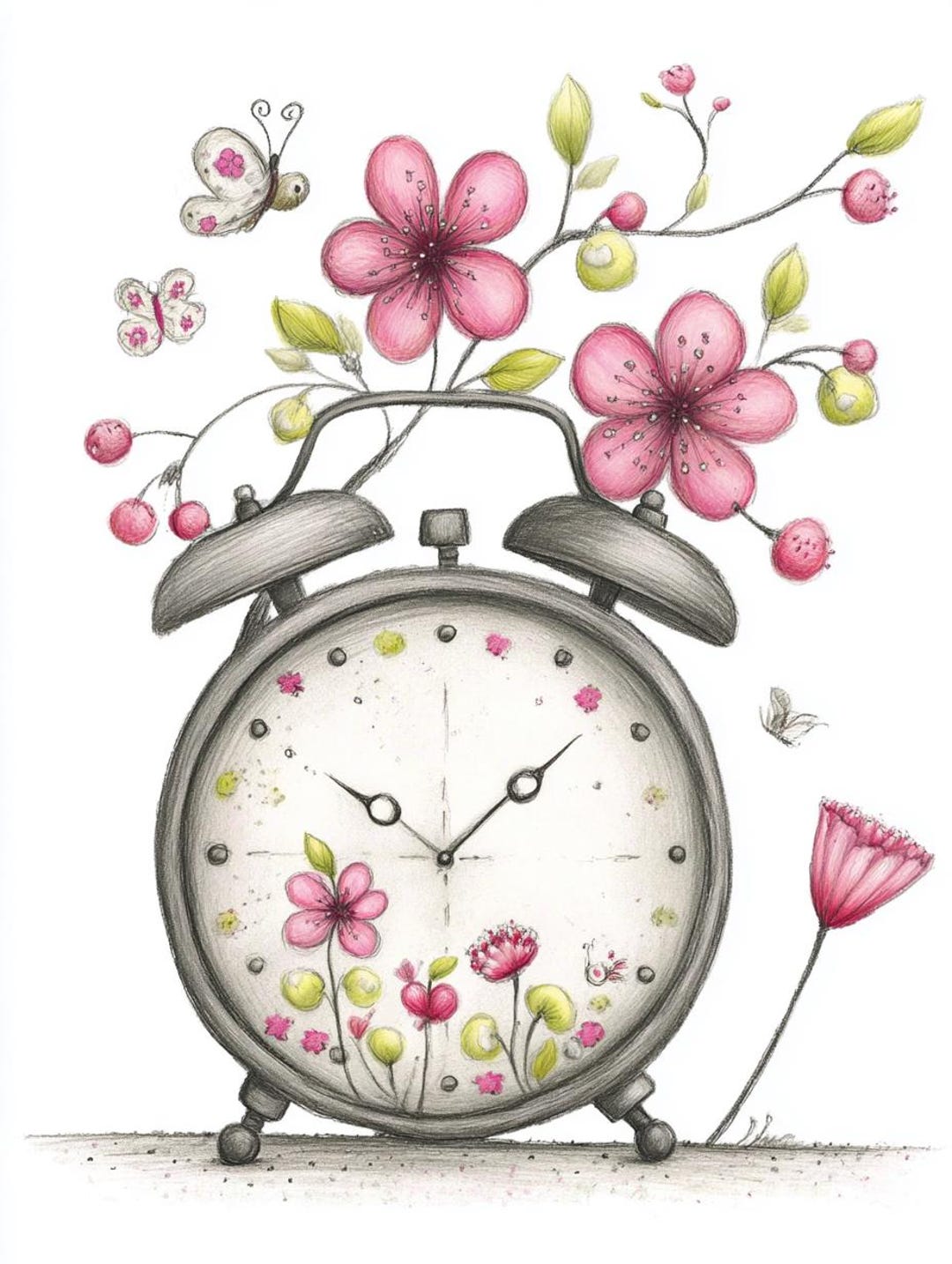 Spring Clock CLIPART, Floral Alarm Clock Illustration Set, Whimsical ...
