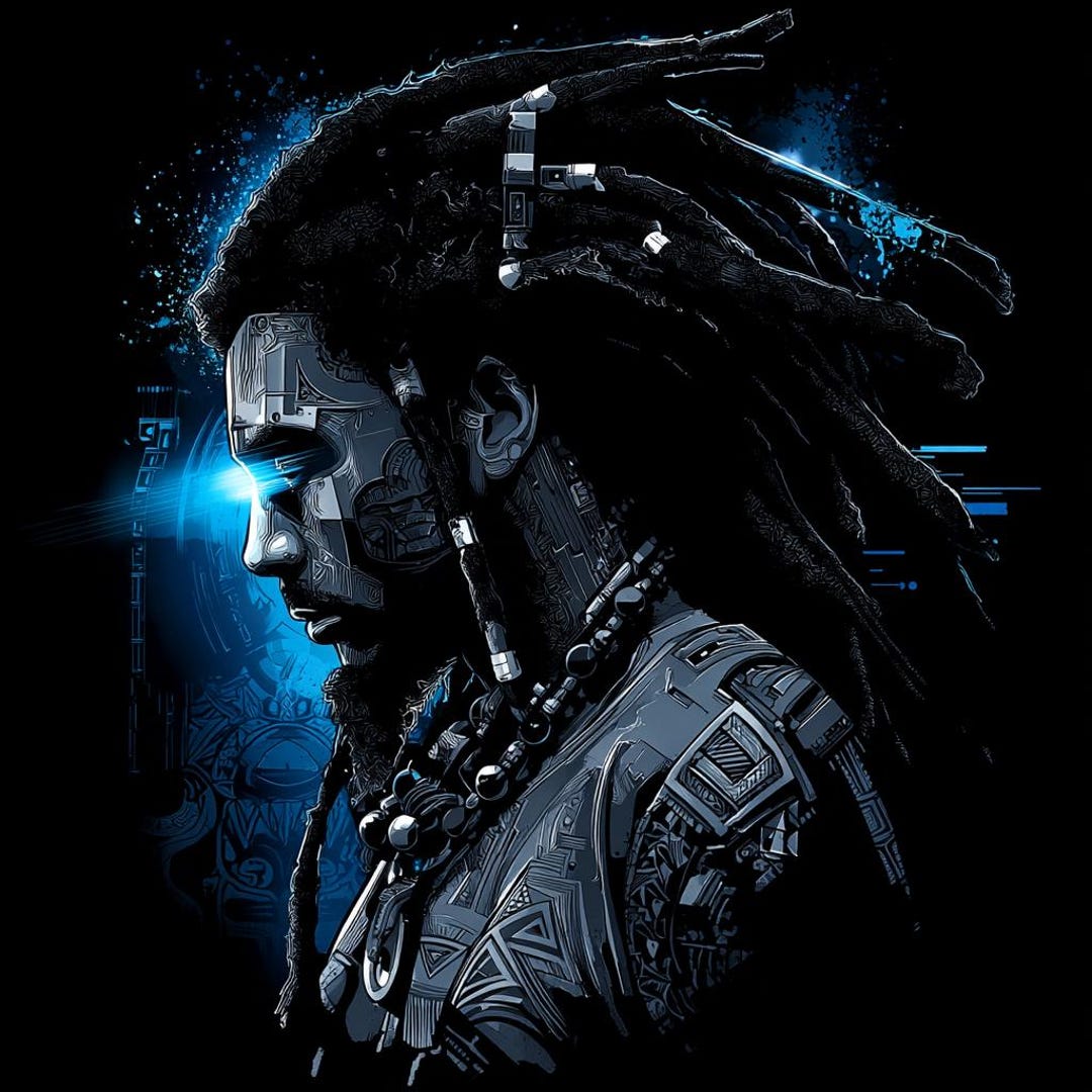 Cyberpunk Dreadlock Musician CLIPART, Futuristic DJ Portrait, Neon Blue ...