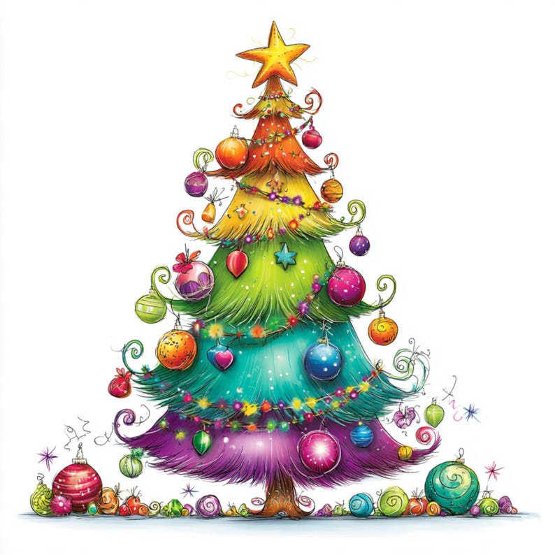 Rainbow Tree, Xmas Clipart, Bright Holiday, Color Tree Art, Festive ...