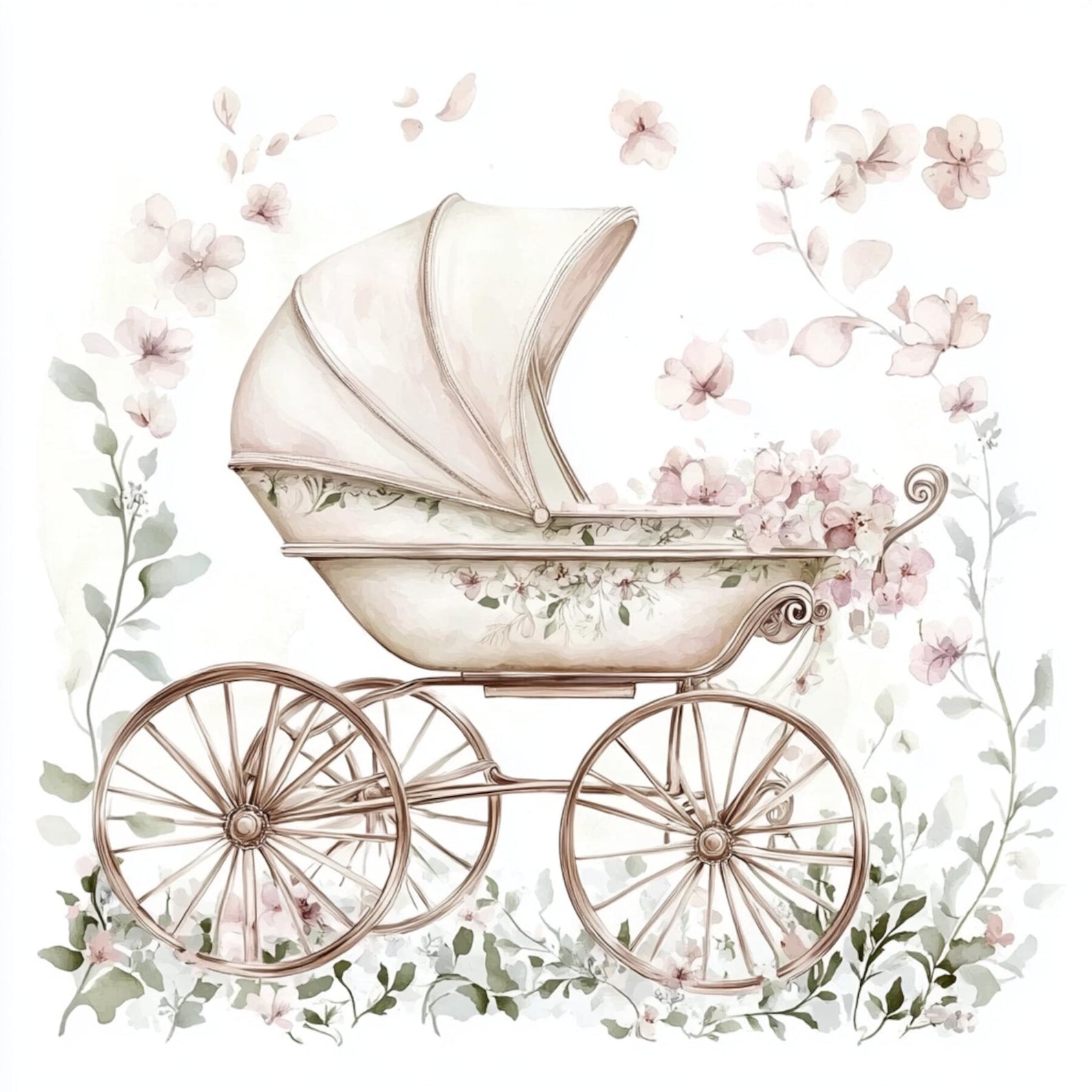 Floral Pram, Vintage Buggy, Baby Carriage, Girl Nursery Art, Antique ...