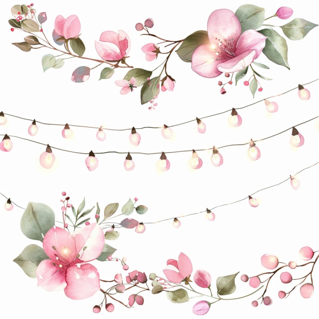 Fairy Lights Clipart, Pink Garland Art, Boho String Lights, Watercolor ...