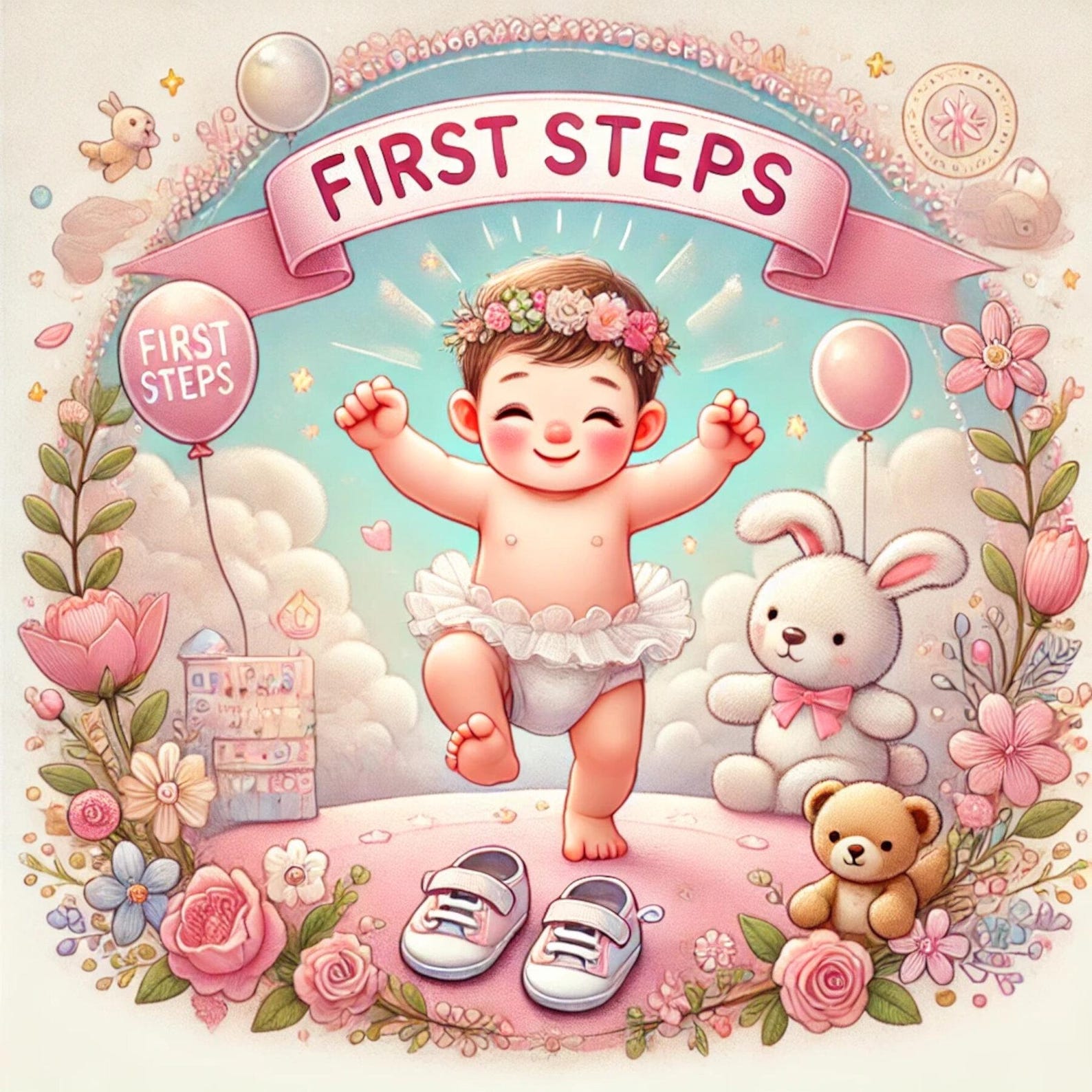 My First Steps, Baby Steps, Joyful Moment, Pastel Art, Whimsical Scene ...