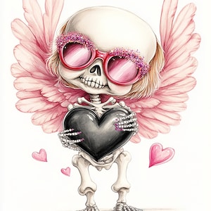 Skeleton Cupid, Love Skeleton, Goth Valentine, Cute Skull Art, Pink ...