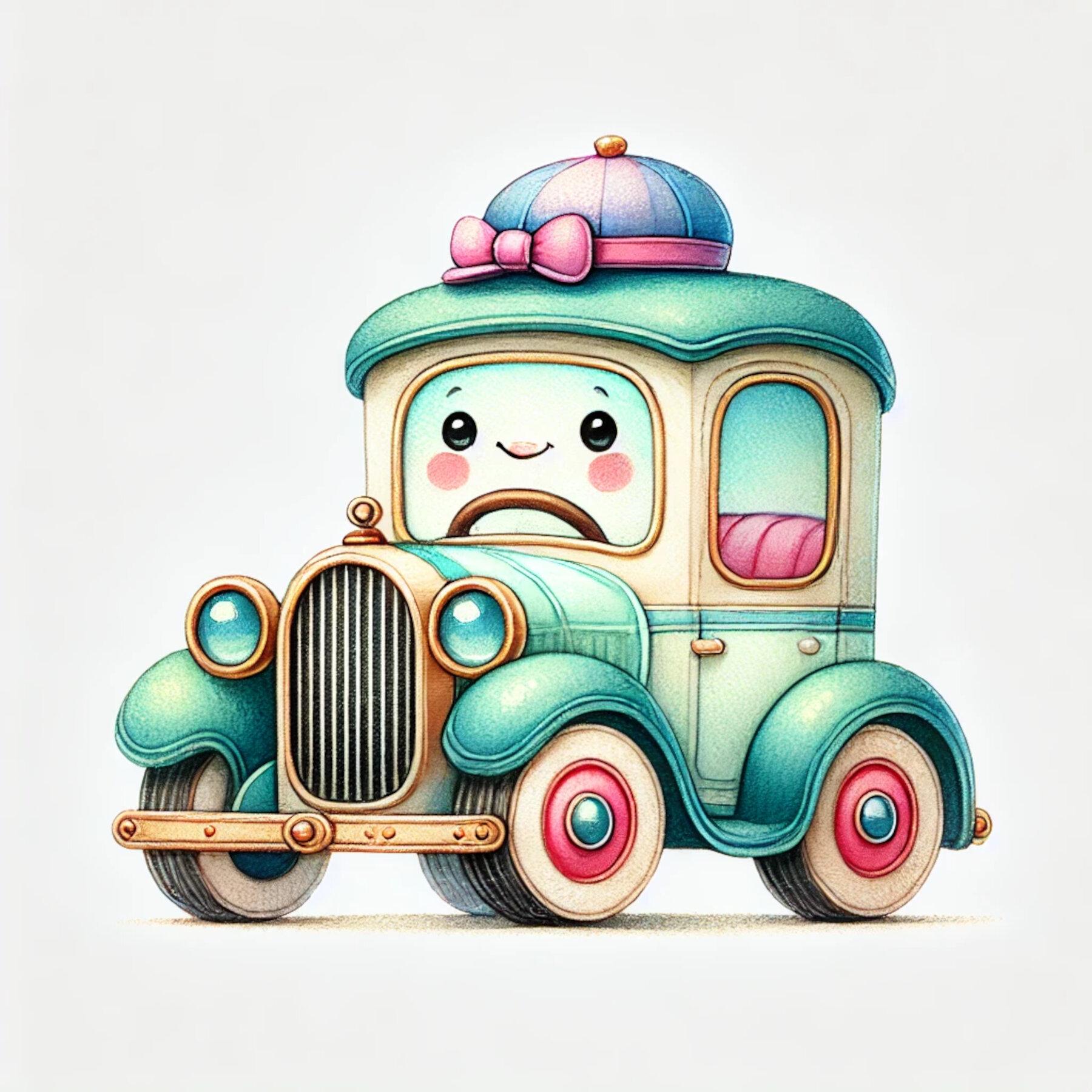 The Vintage Car, Whimsical Illustration, Whimsical Clipart, Cute ...
