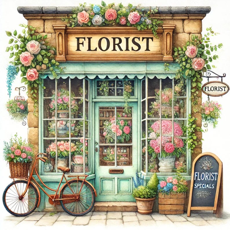 Village Florist, Watercolor Shop, Floral Shop Art, Florist Clipart ...