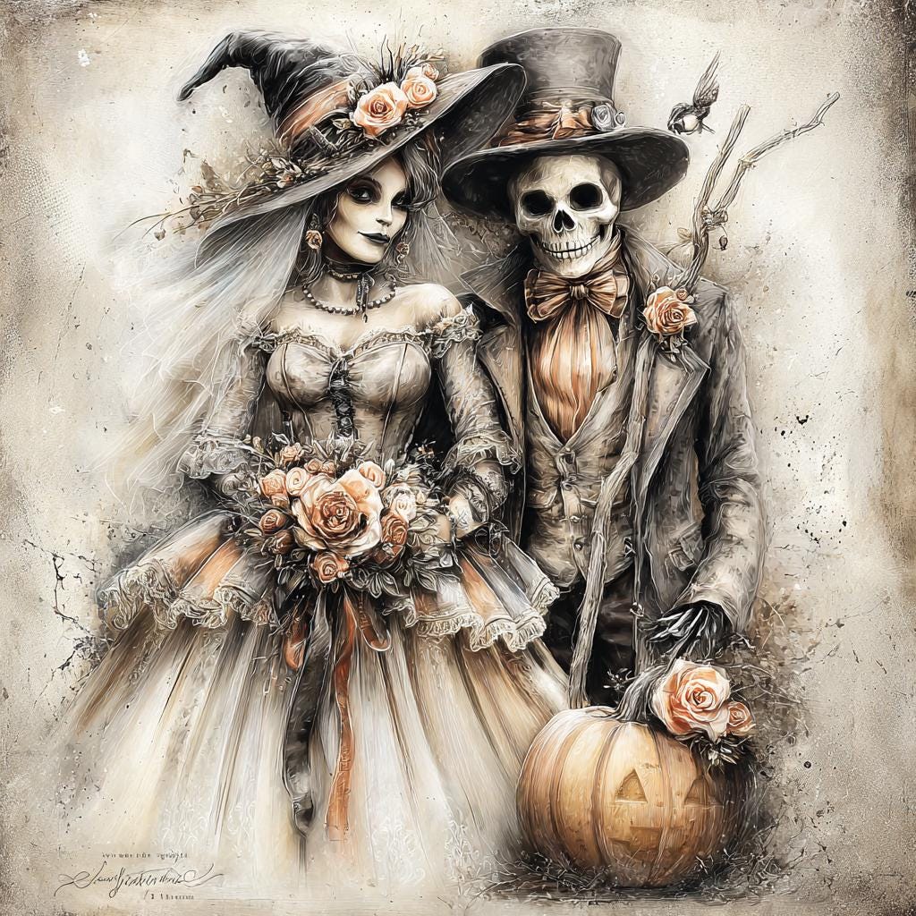 Halloween Couple, Gothic Wedding, Spooky Bride, Pumpkin Groom, Skeleton ...