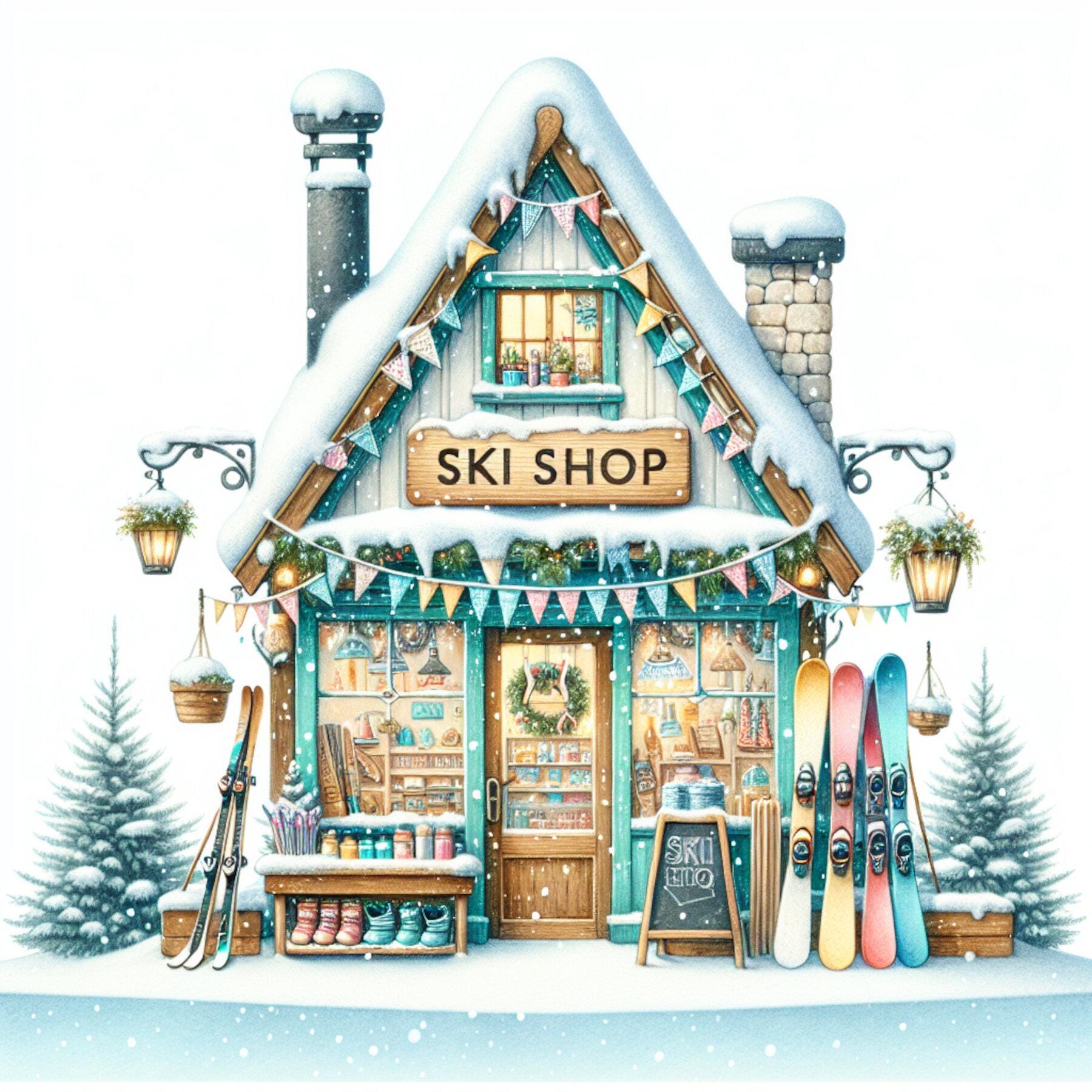 Ski Shop Clipart, Winter Shop Art, Snowy Cabin Clipart, Ski Lodge Art ...