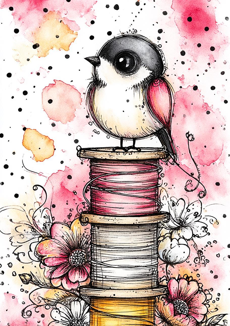 Spool Sparrow Art, Sewing Bird Print, Thread Spool Decor, Cute Bird ...