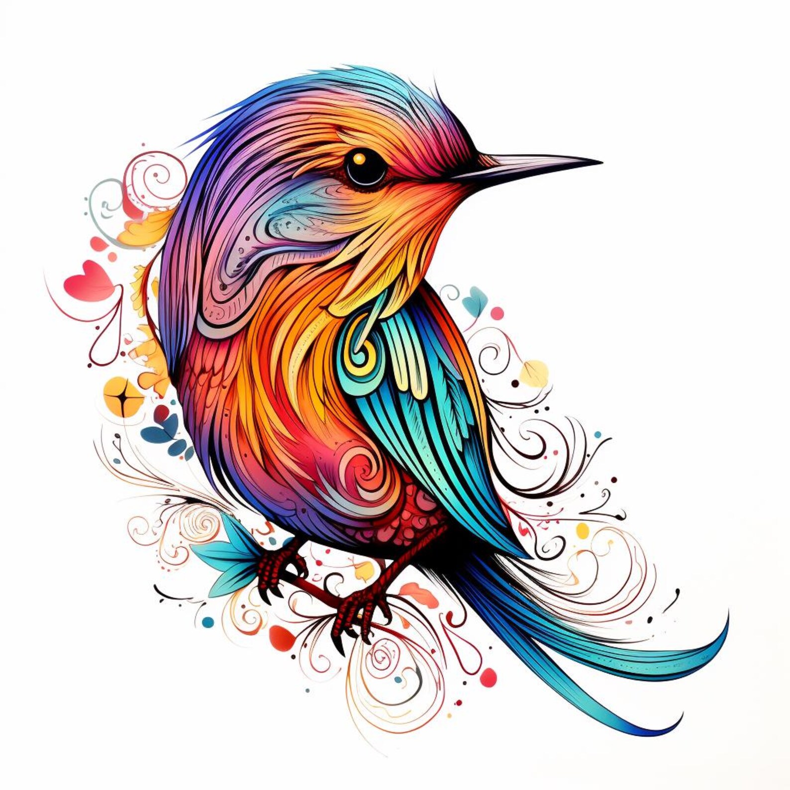 Decorative Bird, Blue Songbird, Folk Bird, Stylized Sparrow, Ornate ...