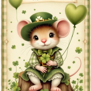 St Patricks Day Mouse, Cute Mouse Clipart, Lucky Clover, Whimsical ...