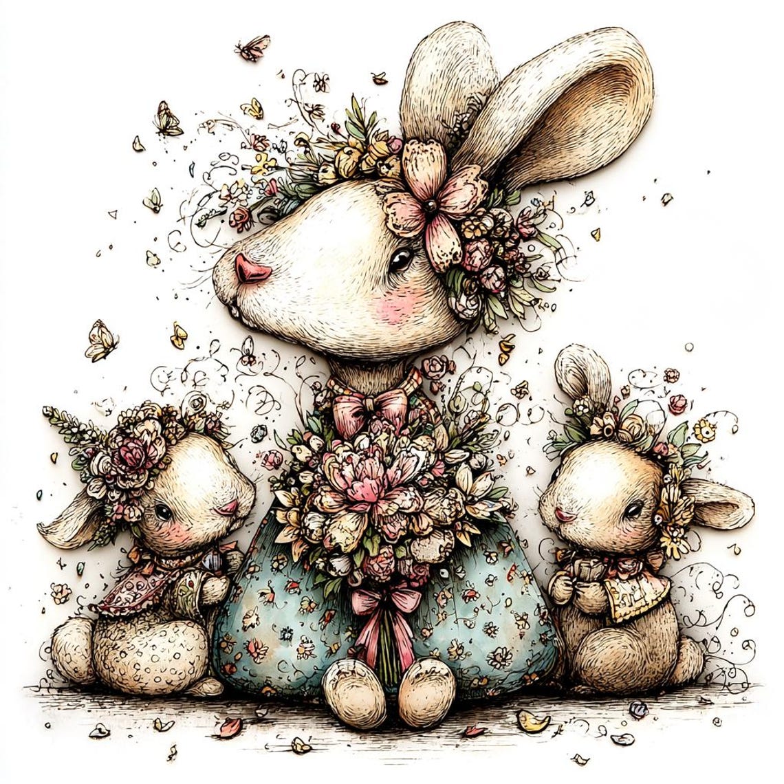 Whimsical Spring Bunny PNG Set, Floral Rabbit Clipart, Pastel Garden ...