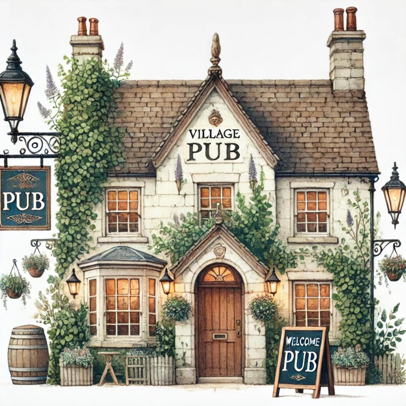 Village Pub Art, Pub Facade Art, Cozy Pub Decor, Rustic Pub Clipart ...