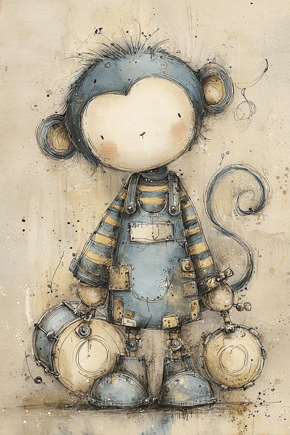 Drum Art Monkey Sketch, Cute Monkey, Whimsy Monkey, Toy Drawing, Blue ...