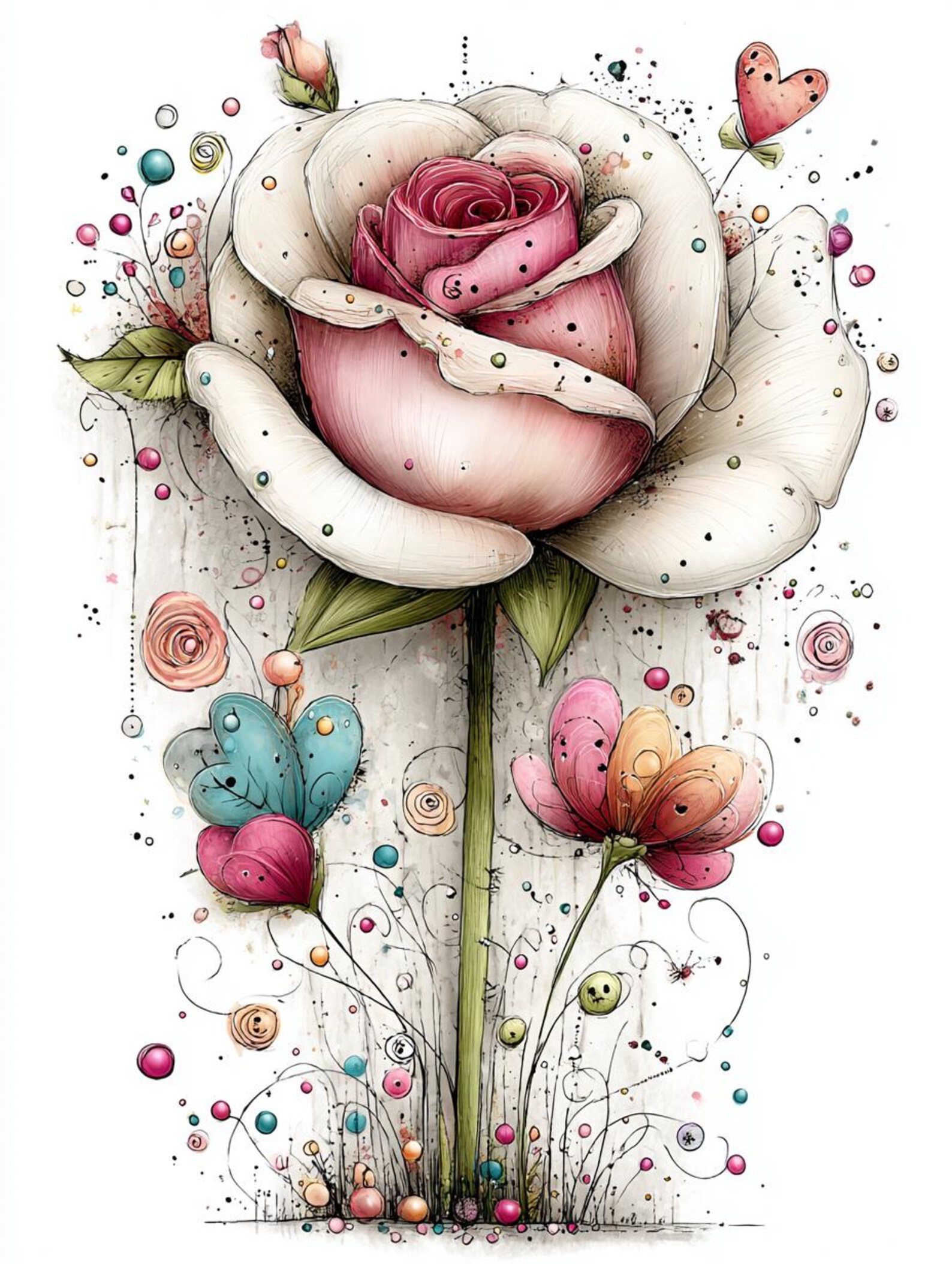 Whimsical Roses, Dreamy Floral PNG Set, Watercolor Ink Flowers ...
