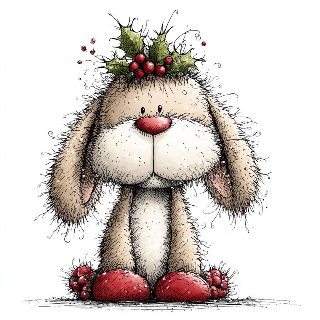 Christmas Bunny Clipart, Cute Winter Rabbit With Holly Crown, Festive ...