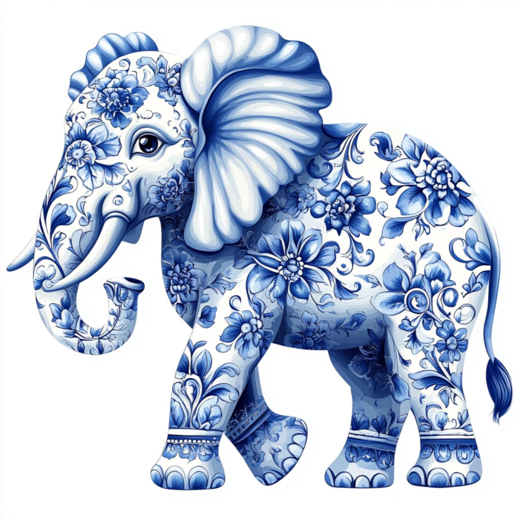 Blue Porcelain Art, Delft Elephant, Floral Ceramic, Indigo Animal Art ...