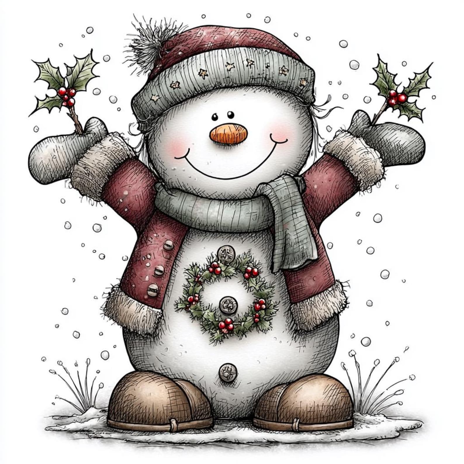 Holly Snowman Clipart Set, Cozy Winter Pngs, Cute Christmas Digital Art ...