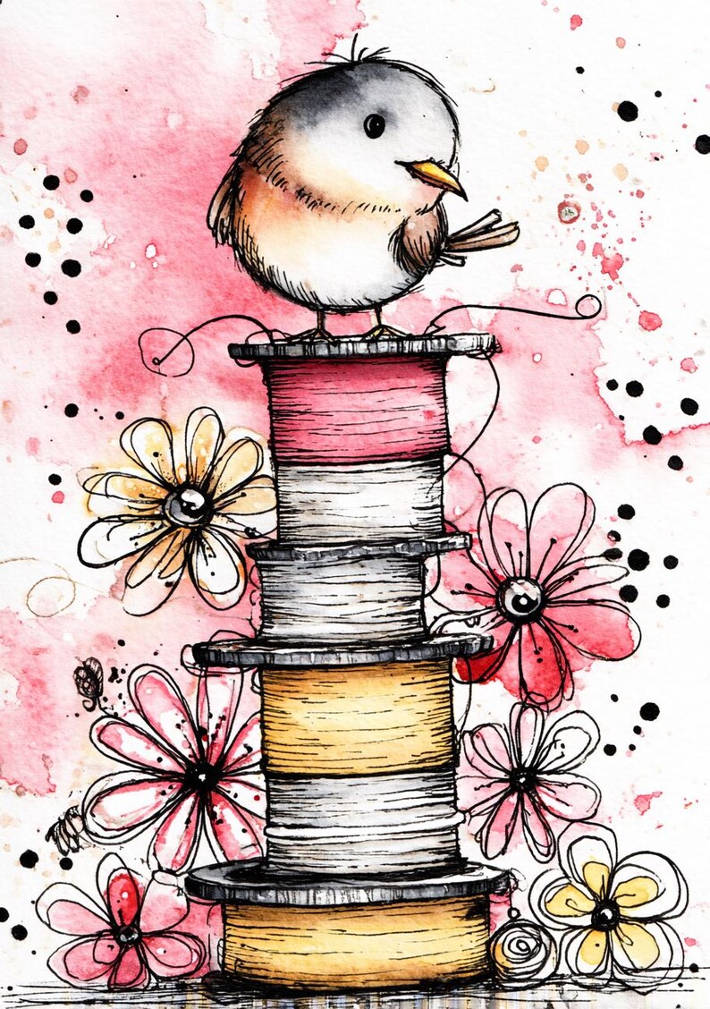 Whimsical Bird, Cute Sparrow Art, Spool Stack, Sewing Decor, Polka Dot ...