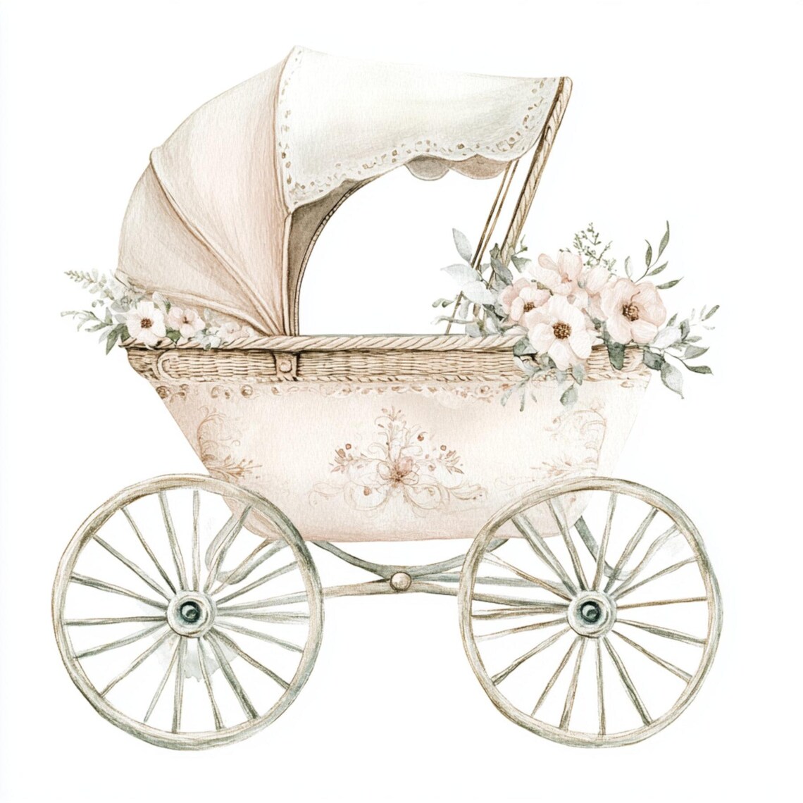 Floral Pram, Vintage Buggy, Baby Carriage, Girl Nursery Art, Antique ...