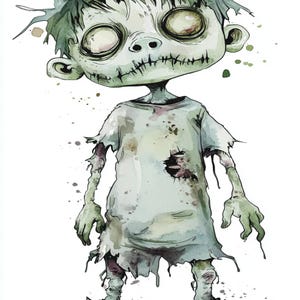 Zombie Kid Art, Cute Undead Boy, Halloween Zombie, Watercolor Zombie ...
