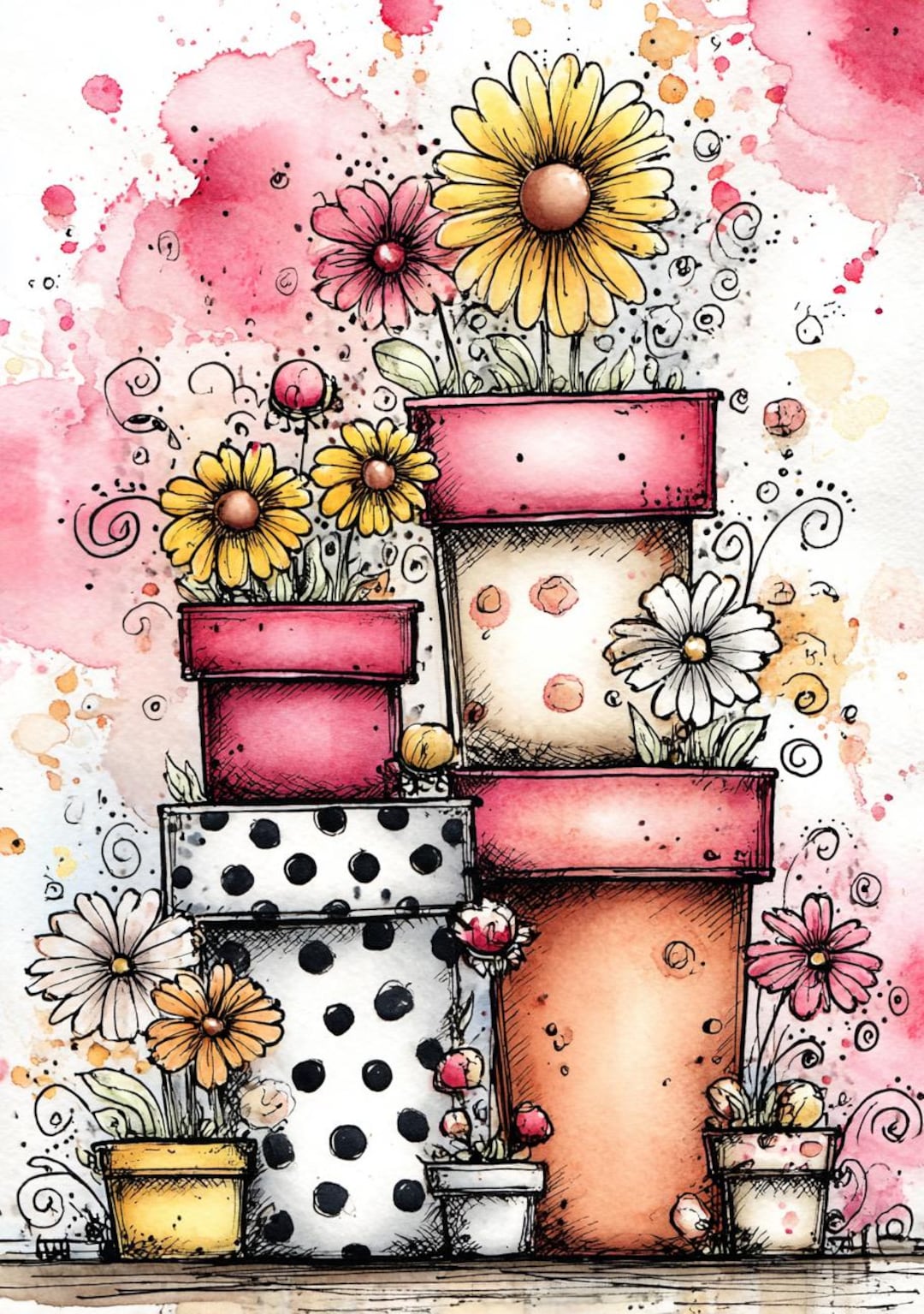 Fleurs fantaisistes, pots à pois, bouquet de marguerites, art de fille ...