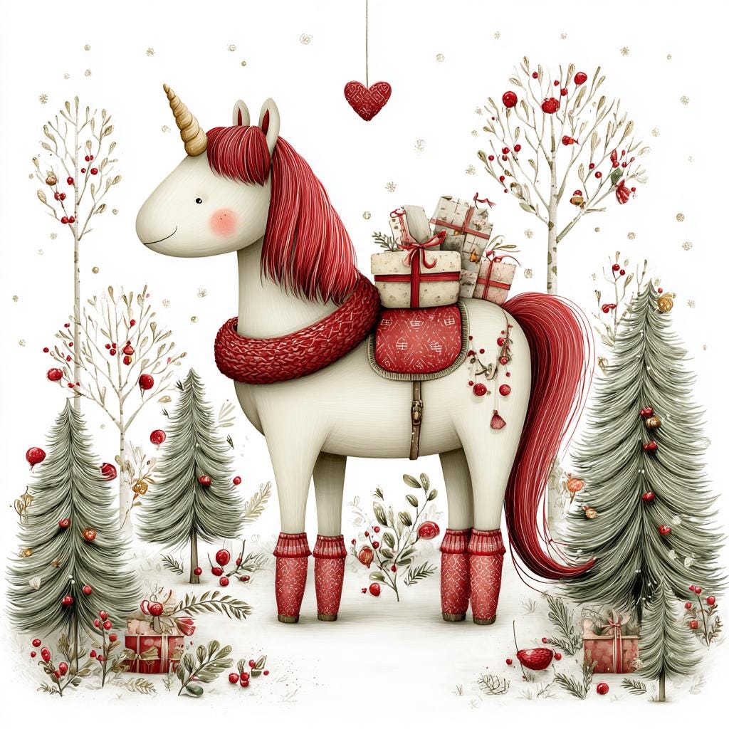 Christmas Unicorn, Red Mane Art, Winter Forest, Holiday Saddle, Gift ...