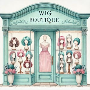 The Wig Store, Wig Shop Clipart, Boutique Store Art, Pastel Storefronts ...