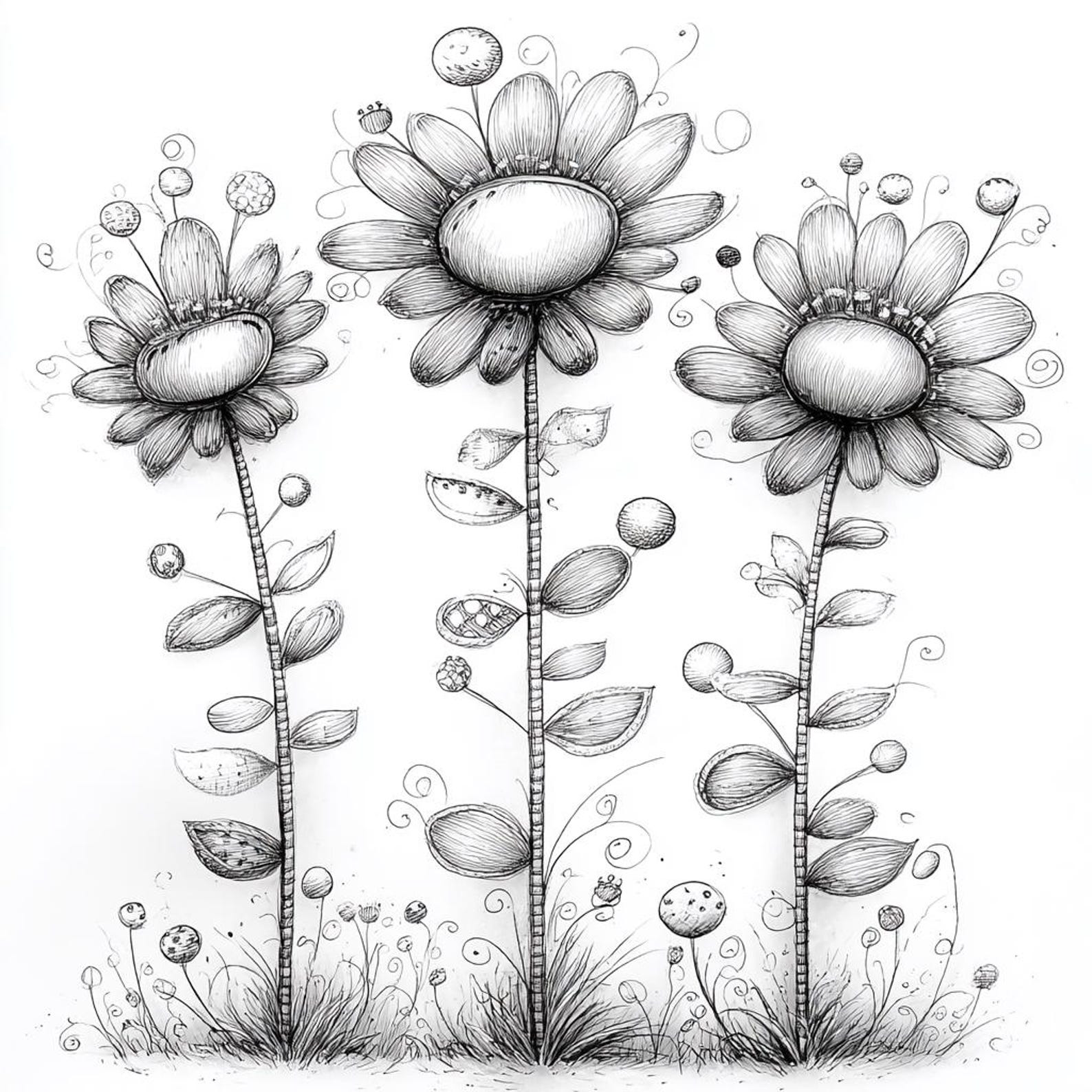 Scandinavian Flower PNG Set, Whimsical Hand-drawn Blooms, Ink and ...