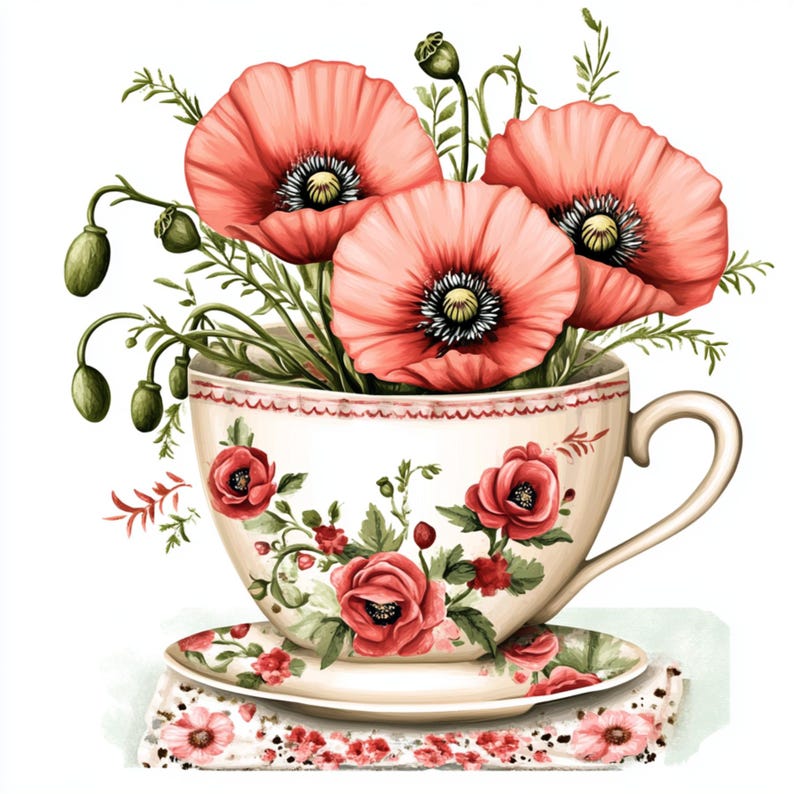 Poppy Teacup Art, Floral Cup Print, Vintage Flower Mug, Poppy Bouquet ...