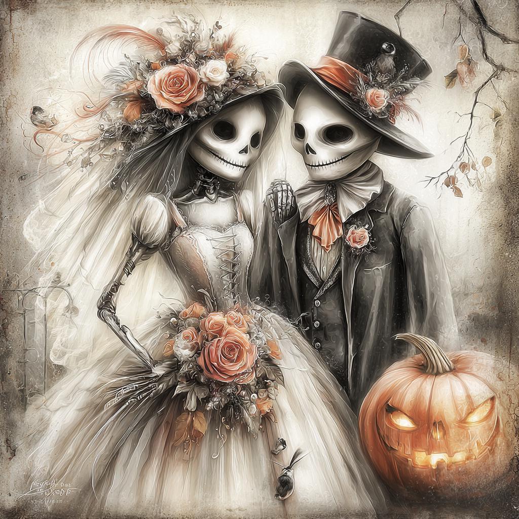 Halloween Couple, Gothic Wedding, Spooky Bride, Pumpkin Groom, Skeleton ...