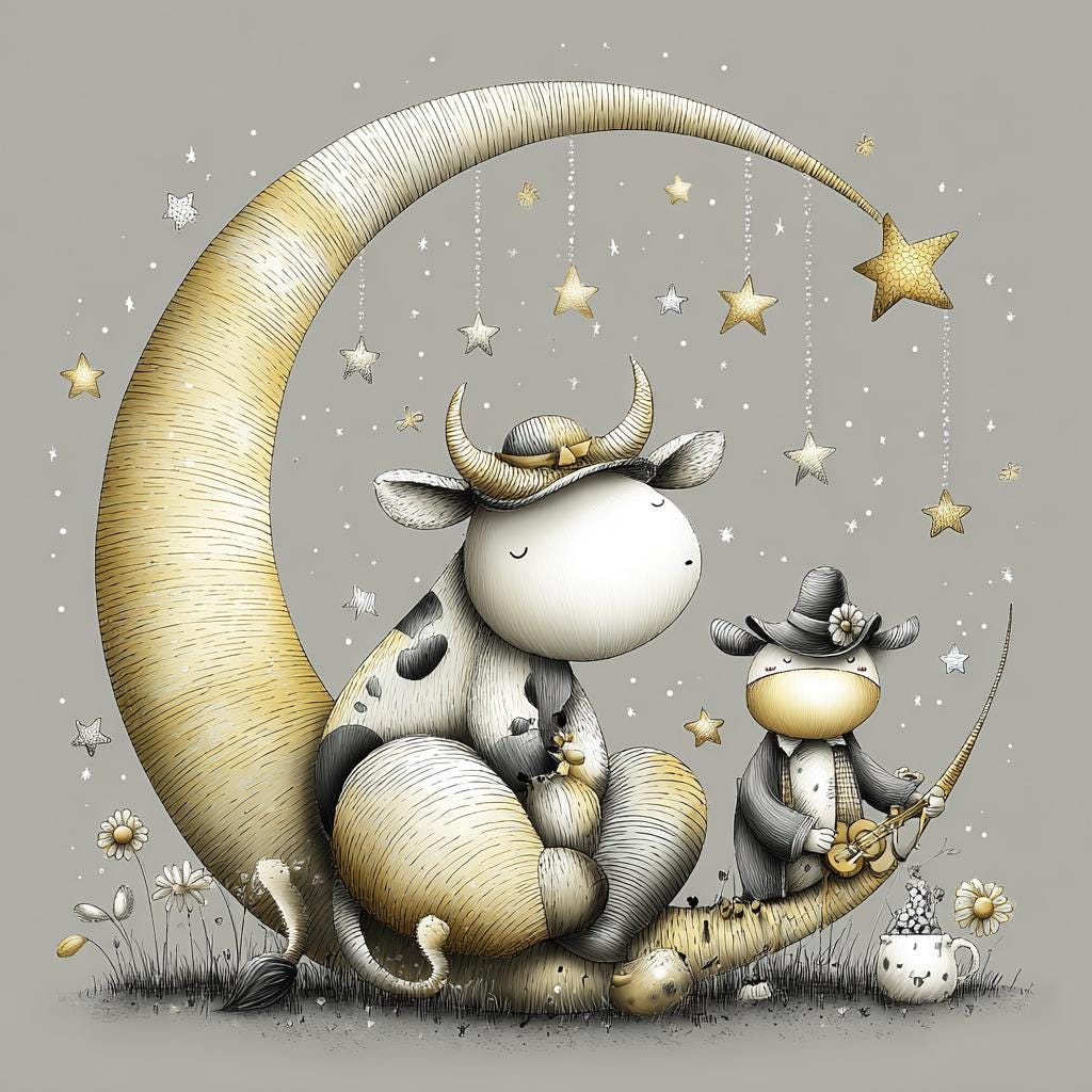Hey Diddle Diddle Art Set, Whimsical Cow and Moon, Fairytale Night Sky ...