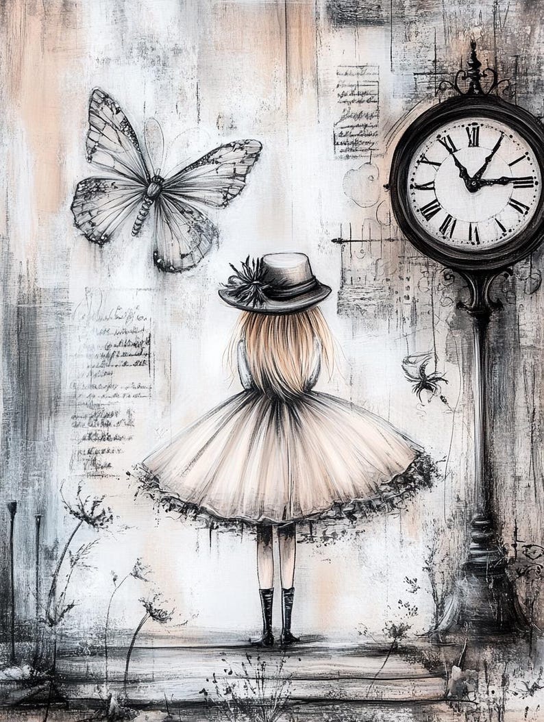 Vintage Clock, Girl Sketch, Butterfly Art, Dreamy Scene, Black White ...