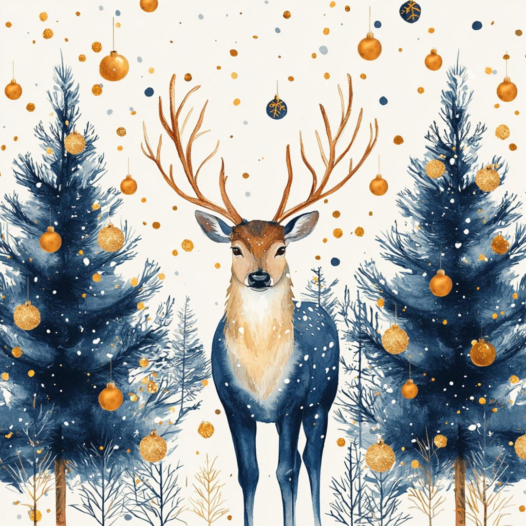 Winter Deer Art, Blue Forest Scene, Golden Christmas Deer, Elegant ...