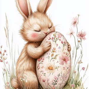Floral Easter Rabbit CLIPART, Watercolor Spring Egg With Flowers, Soft ...