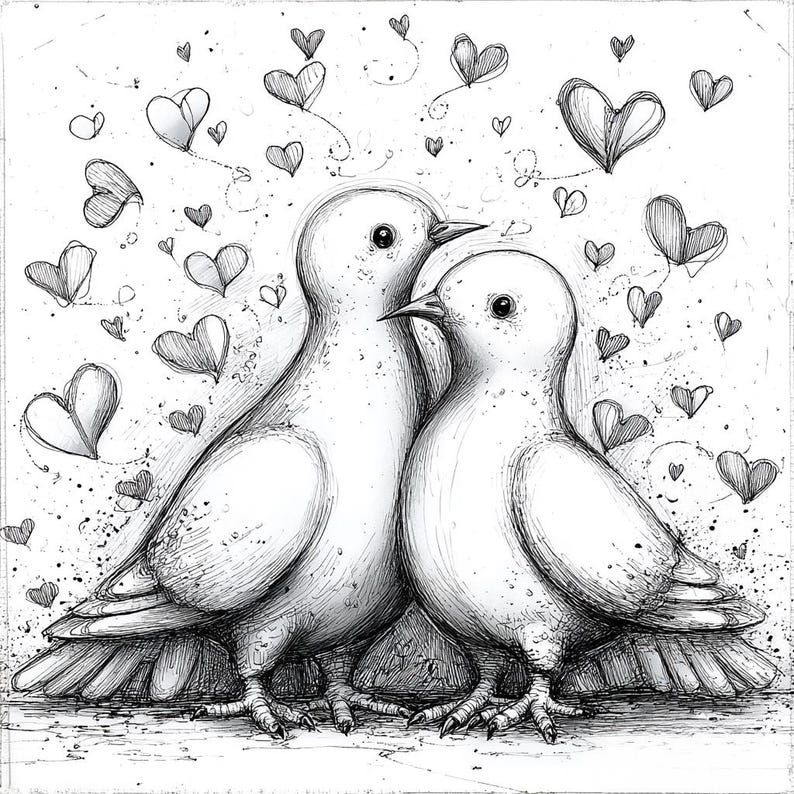 Romantic Dove Couple Clipart Set, Hand-drawn Love Birds With Hearts PNG ...