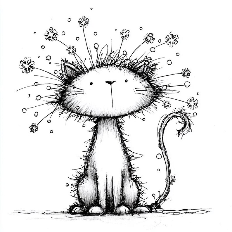 Whimsical Snow Cat Illustration, Cute Winter Kitty Sketch, Playful ...