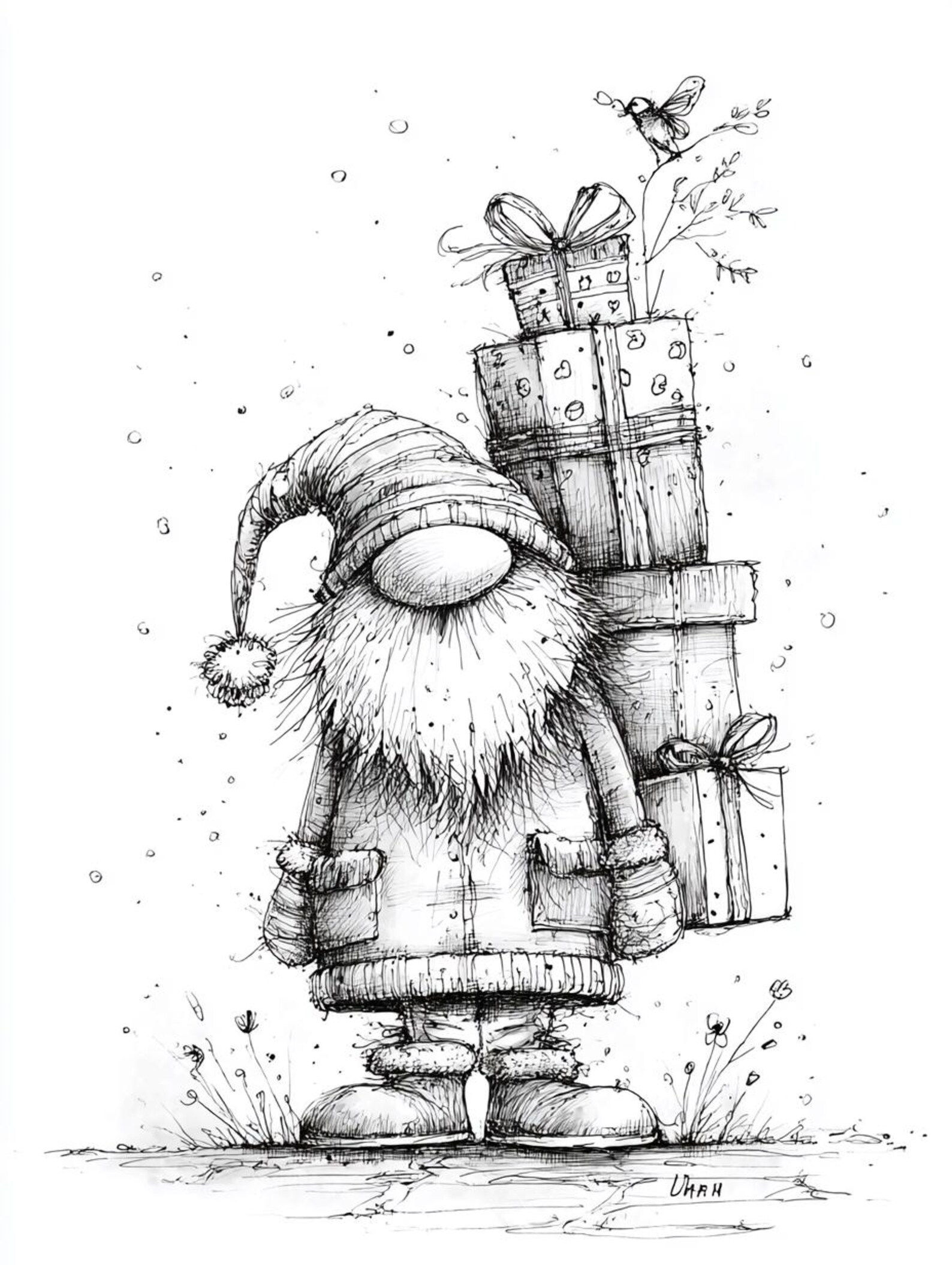 Santa Gift Art, Scribble Santa, Ink Santa Art, Whimsical Santa, Black ...