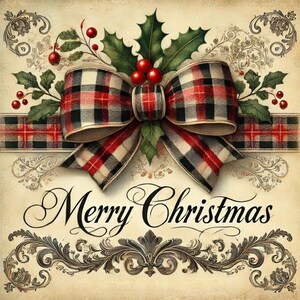 Tartan Christmas, Vintage Christmas, Plaid Bow Card, Merry Xmas Art ...