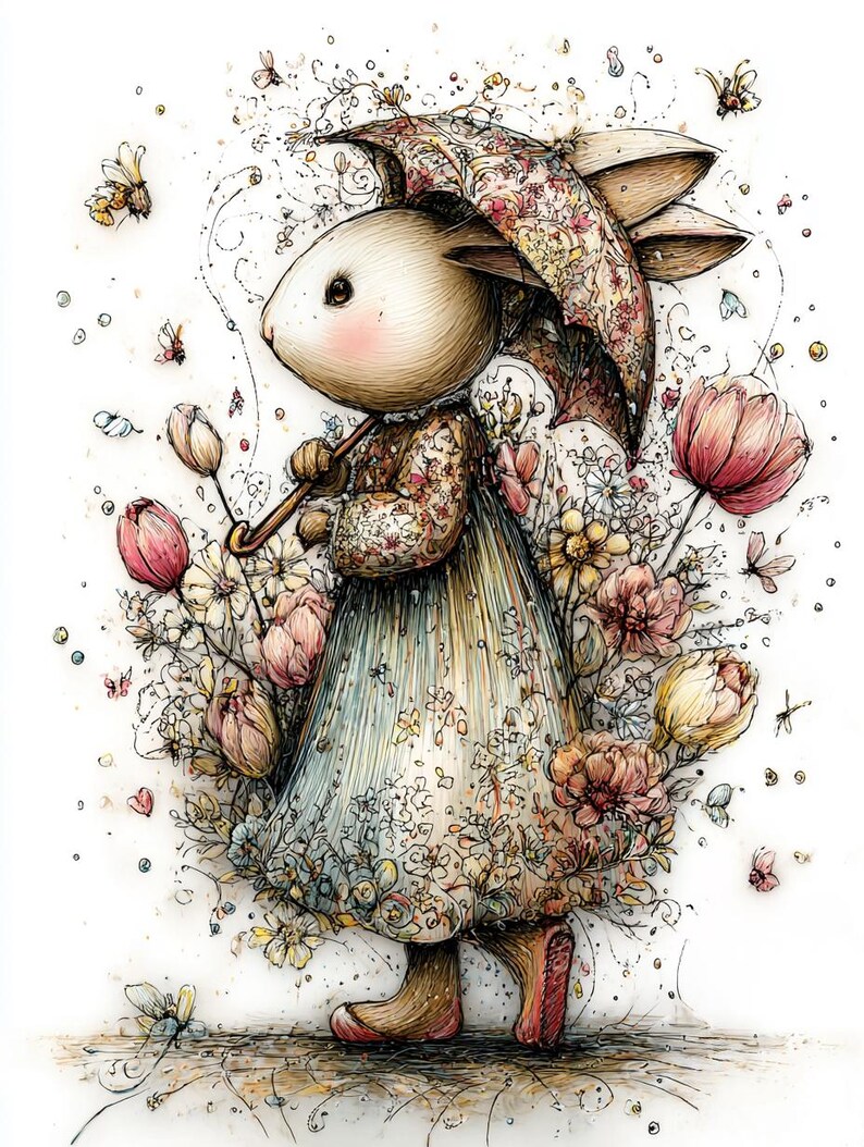 Rainy Day Bunny Clipart, Floral Umbrella Rabbit Art, Whimsical Spring ...