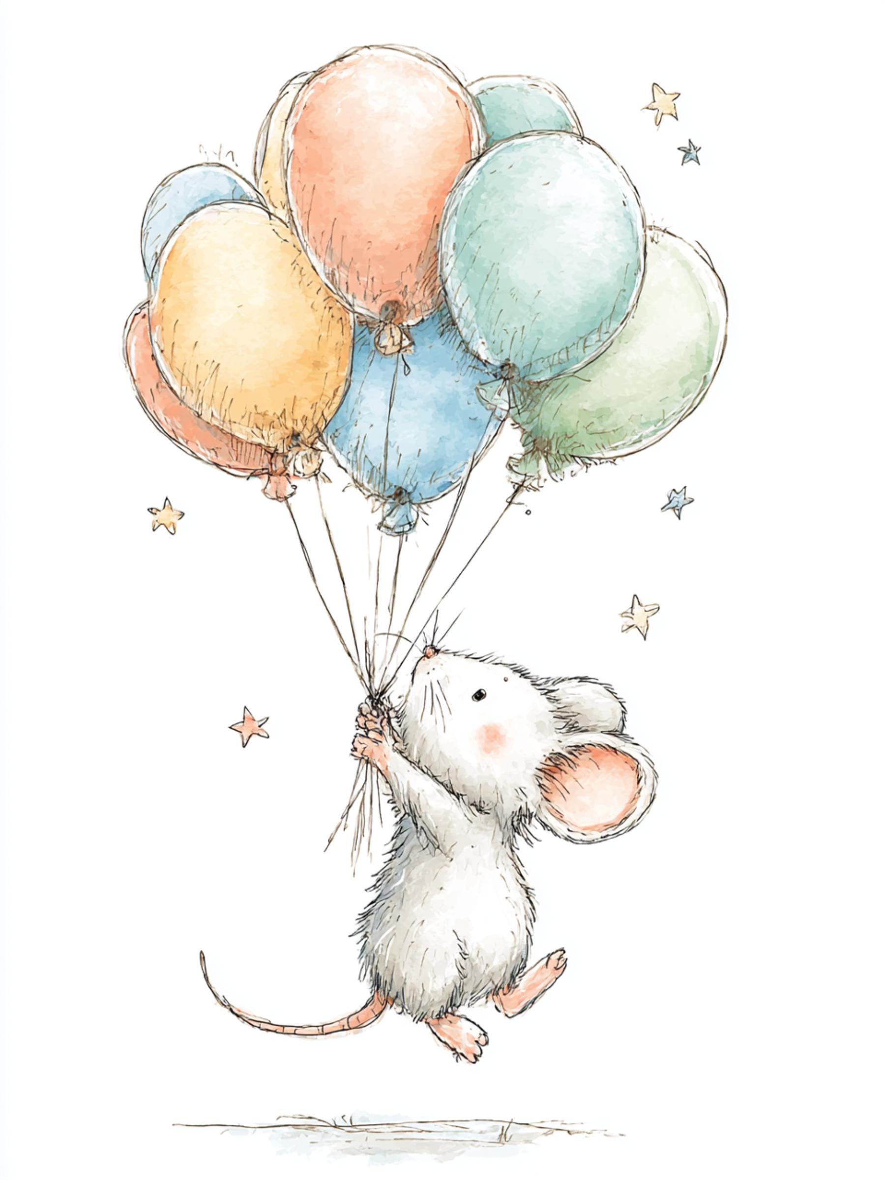 Flying High, Cute Mouse Art, Mouse With Balloons, Flying Mouse Print ...