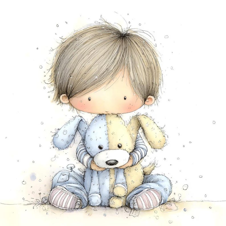 Boy and Puppy CLIPART, Soft Pastel Child Illustration, Gentle Storybook ...