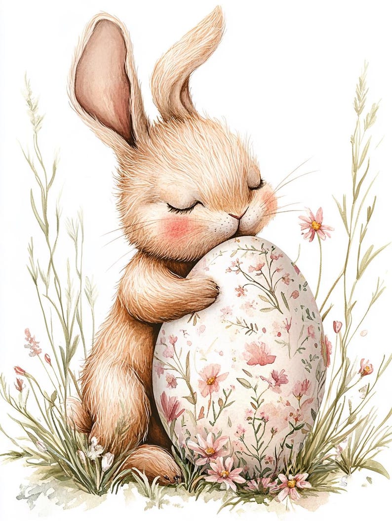 Floral Easter Rabbit CLIPART, Watercolor Spring Egg With Flowers, Soft ...