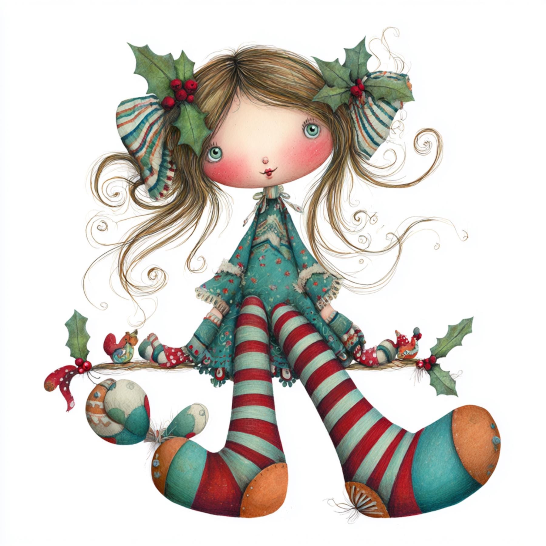 Whimsical Girl, Xmas Character, Striped Tights, Holly Hat, Festive Cute ...
