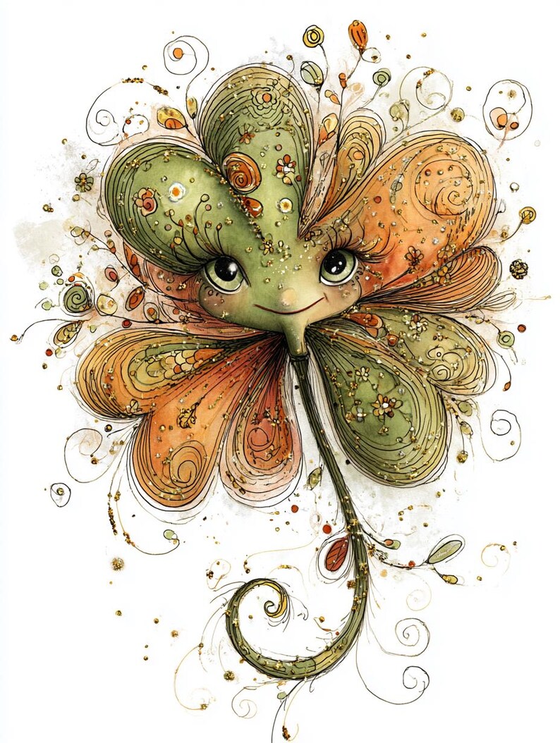 Enchanted Clover Sprite, Whimsical Floral Spirit Art, Watercolor Lucky ...