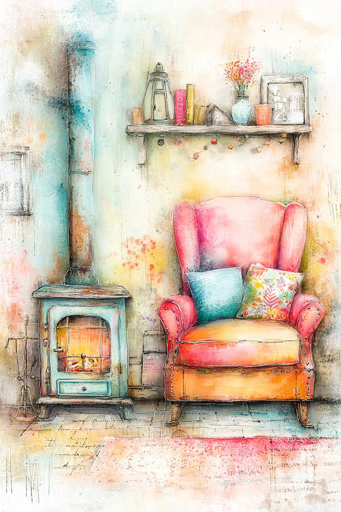 Cozy Fireplace, Cottagecore, Pastel Armchair, Rustic Charm, Floral ...