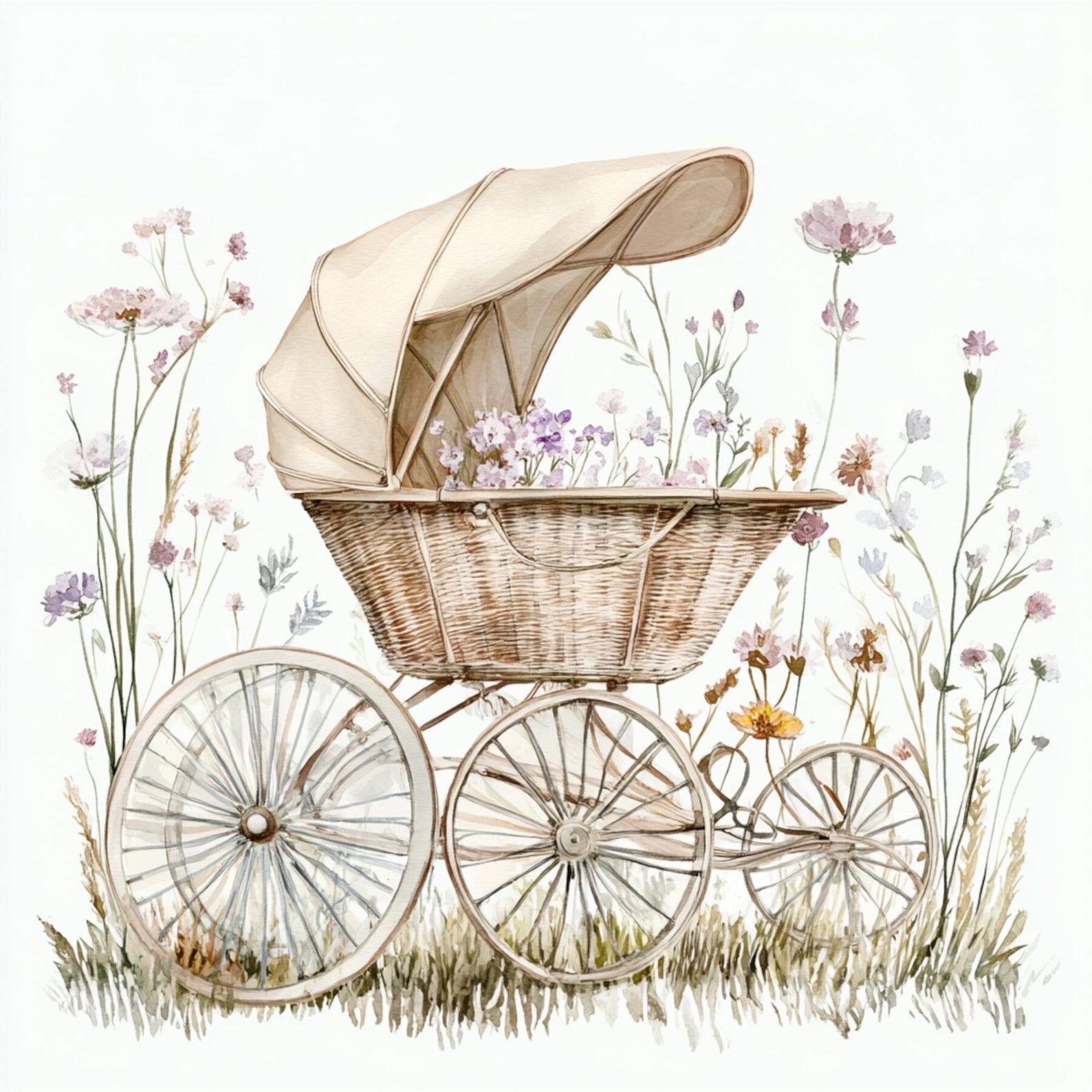 Floral Pram, Vintage Buggy, Baby Carriage, Girl Nursery Art, Antique ...