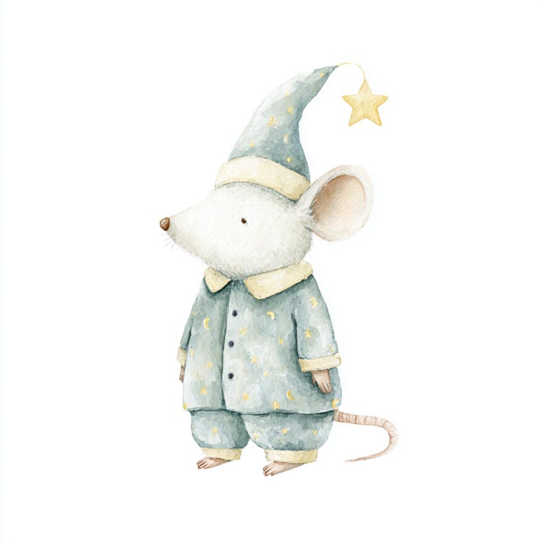 Bedtime Mouse, Pajama Mouse, Sleepy Mouse, Cute Mouse Art, Night Cap ...