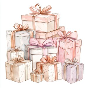 Gift Stack, Pink Boxes, Cute Parcel Art, Watercolor Gifts, Whimsical ...
